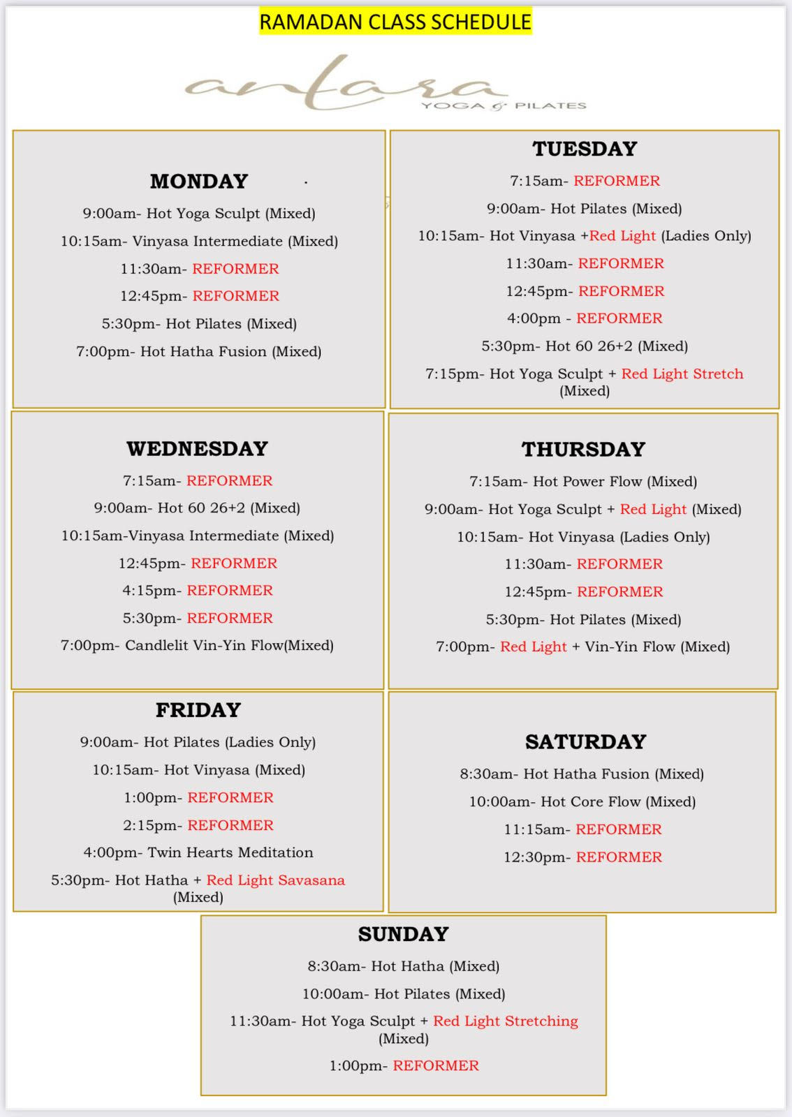 Class Schedule - Antara Yoga & Pilates